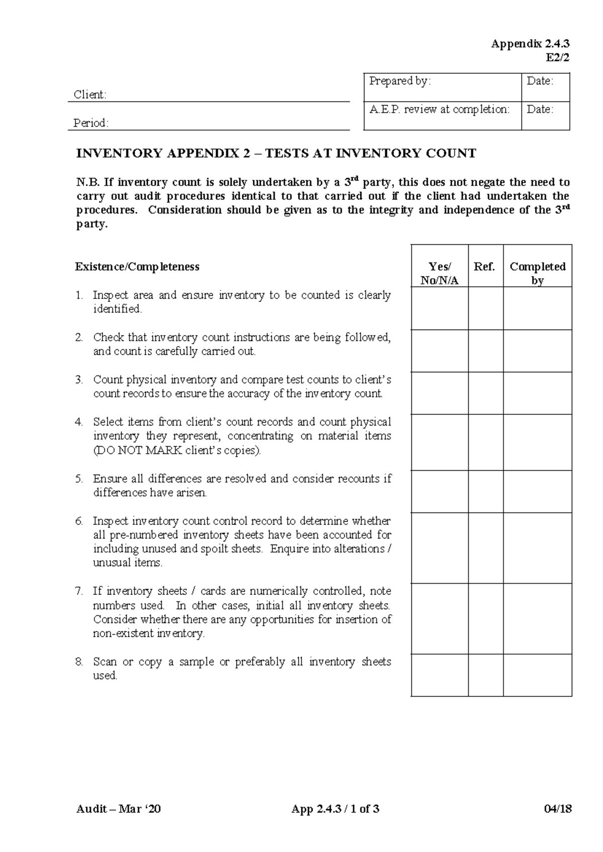 2.4.3 E2-2 Tests at Inventory Count - Appendix 2. E2/ Client: Prepared ...