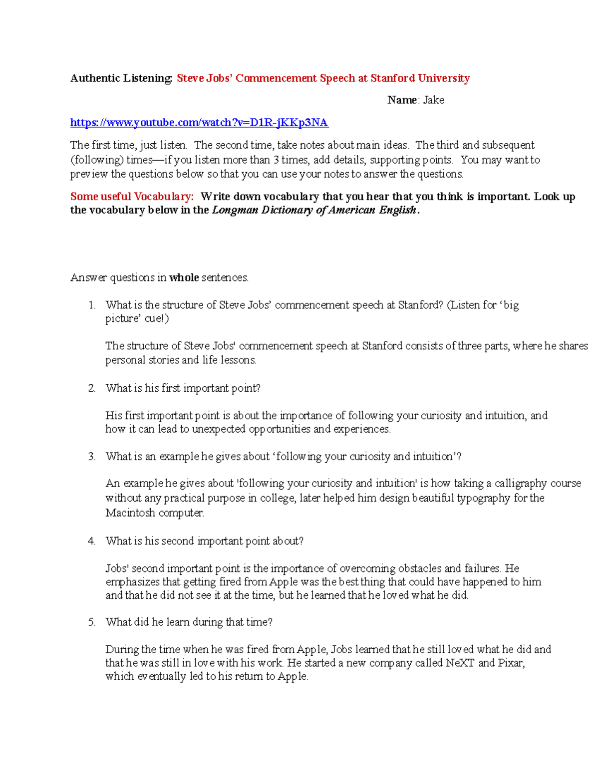 Authentic Listening Steve Jobs' Commencement Speech at Stanford Jake ...