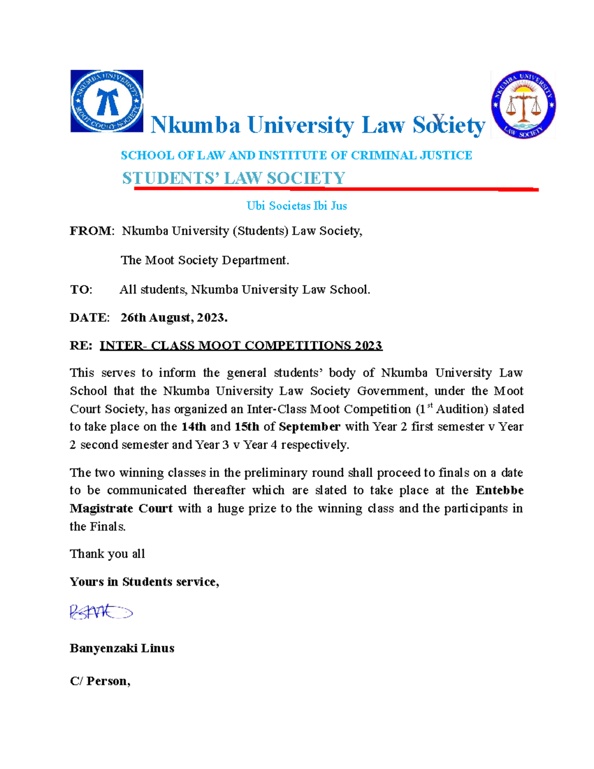 Inter- Class MOOT Competition MEMO - Nkumba University Law SocietyY ...