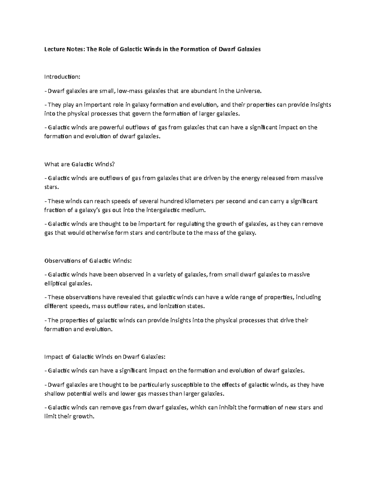 Lecture Notes: The Role of Galactic Winds in the Formation of Dwarf ...