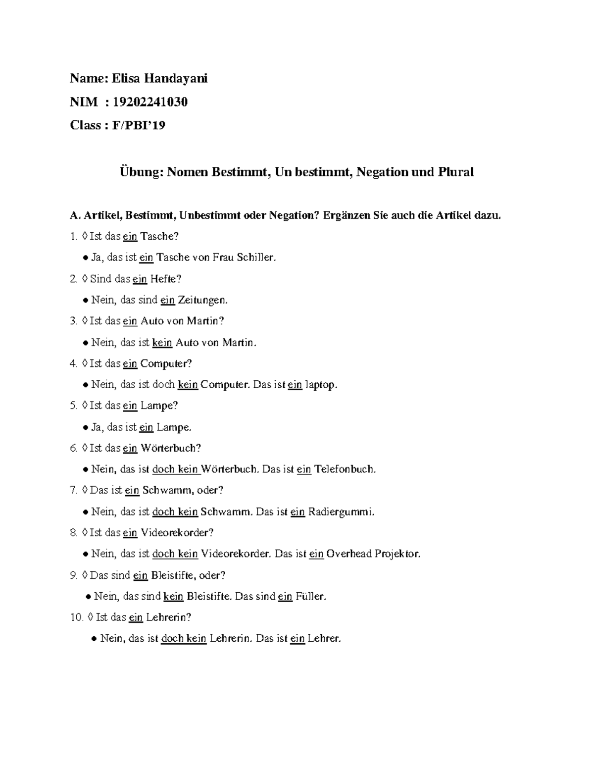 Übung Nomen Bestimmt, Un bestimmt, Negation und Plural - Artikel, Bestimmt, Unbestimmt oder ...