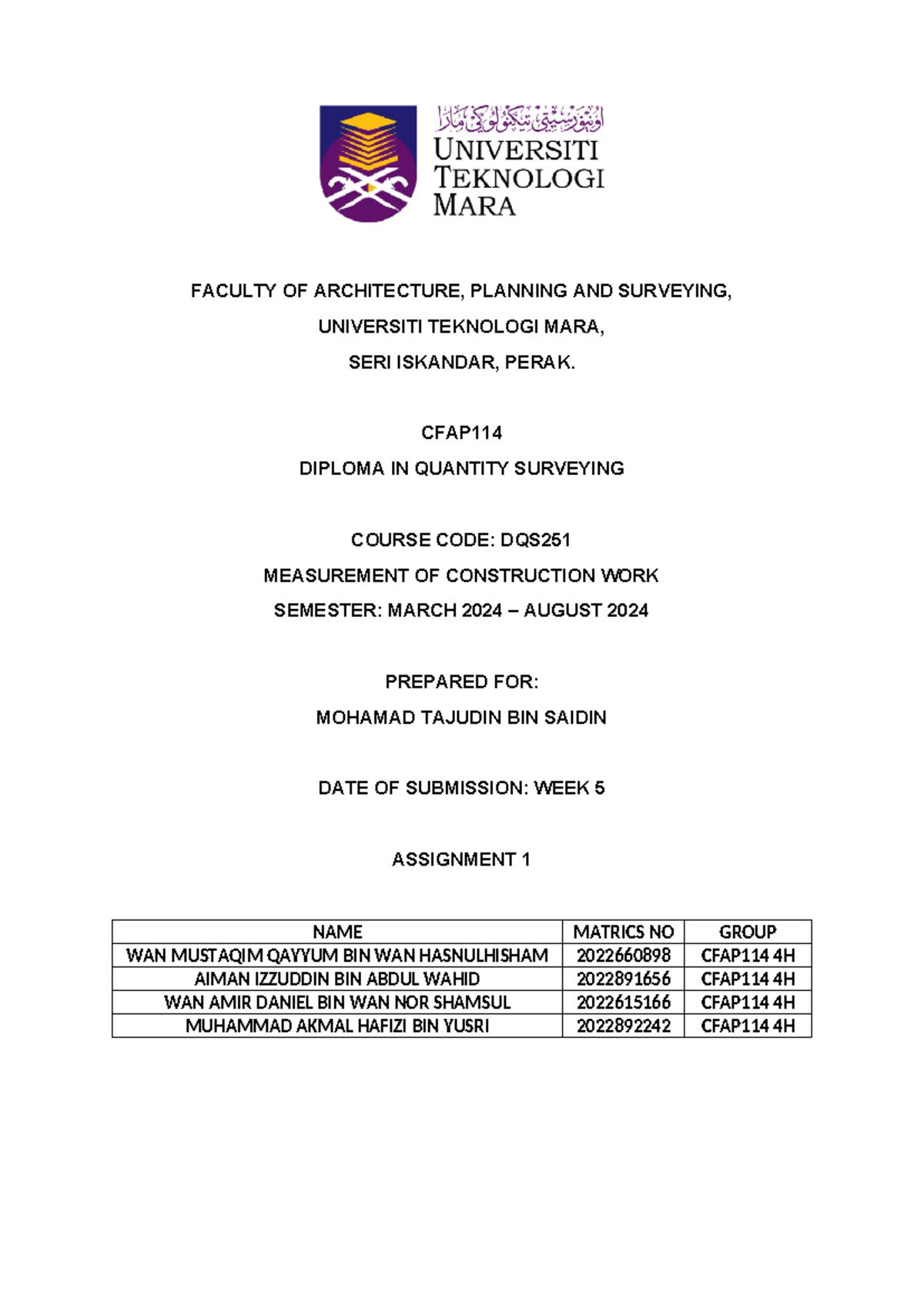 DQS251 2024 - MEASUREMENT - FACULTY OF ARCHITECTURE, PLANNING AND ...
