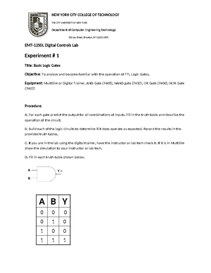 EMT1250 Experiment #7 Binary Counters - Experiment Binary Counters Due Date: Objective In this ...
