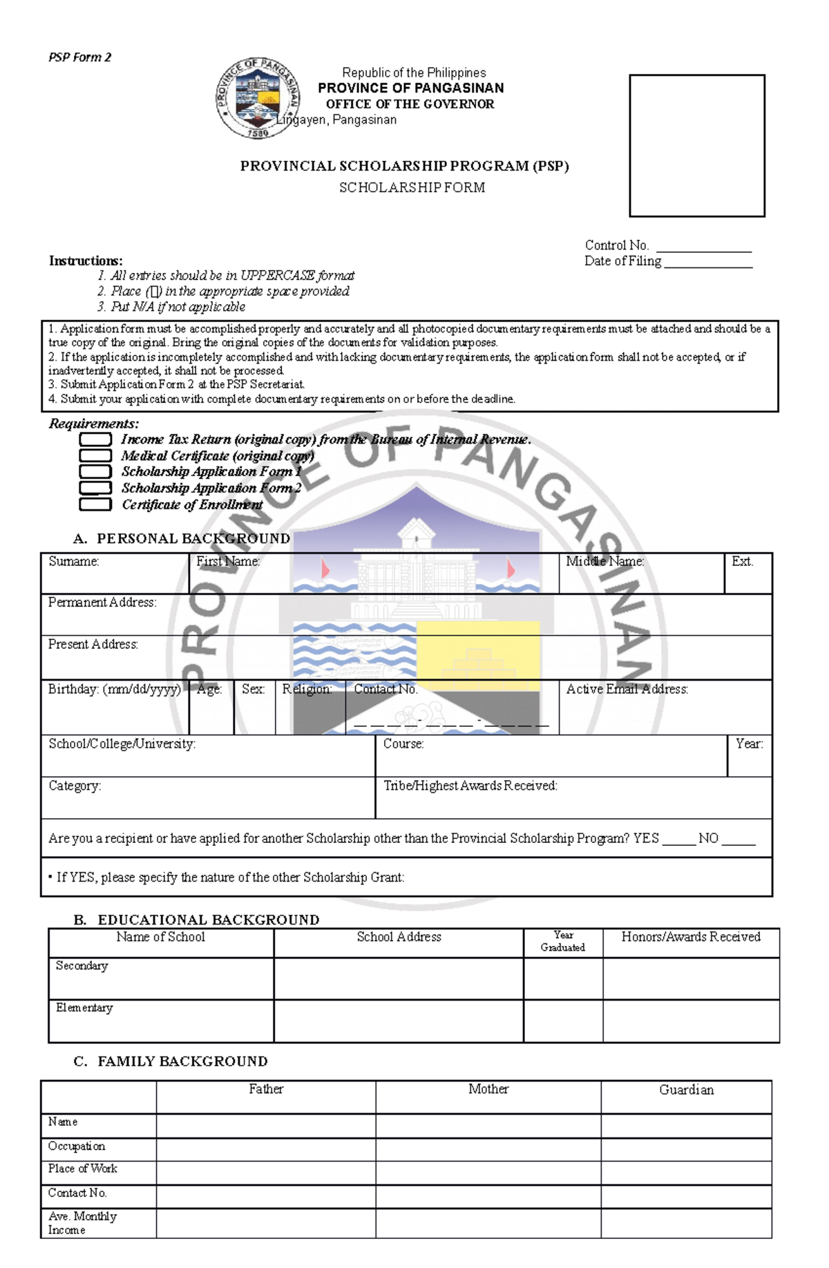PSP- Application-FORM - PSP Form 2 Republic of the Philippines PROVINCE ...