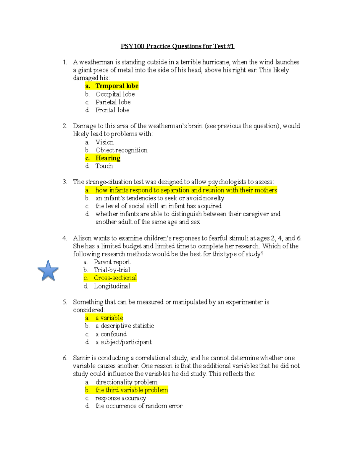 PSY100 Practice Test (TT1) - PSY100 Practice Questions for Test #1 1. A ...