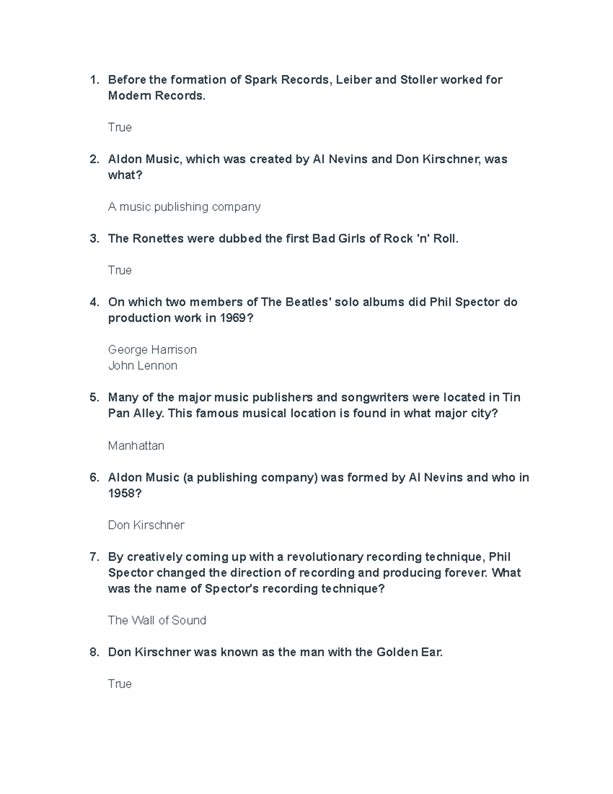 MUS 125 Chapter 10 Quiz - Before the formation of Spark Records, Leiber ...