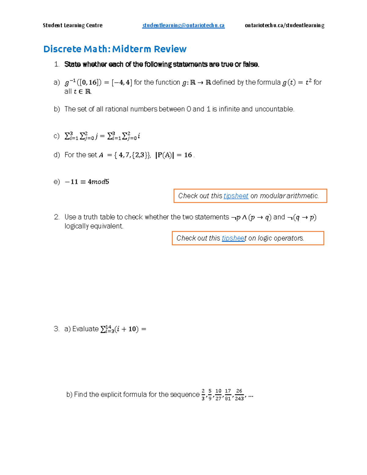 Discrete Math Midterm Review F2024 - Discrete Math: Midterm Review State whether each of the ...