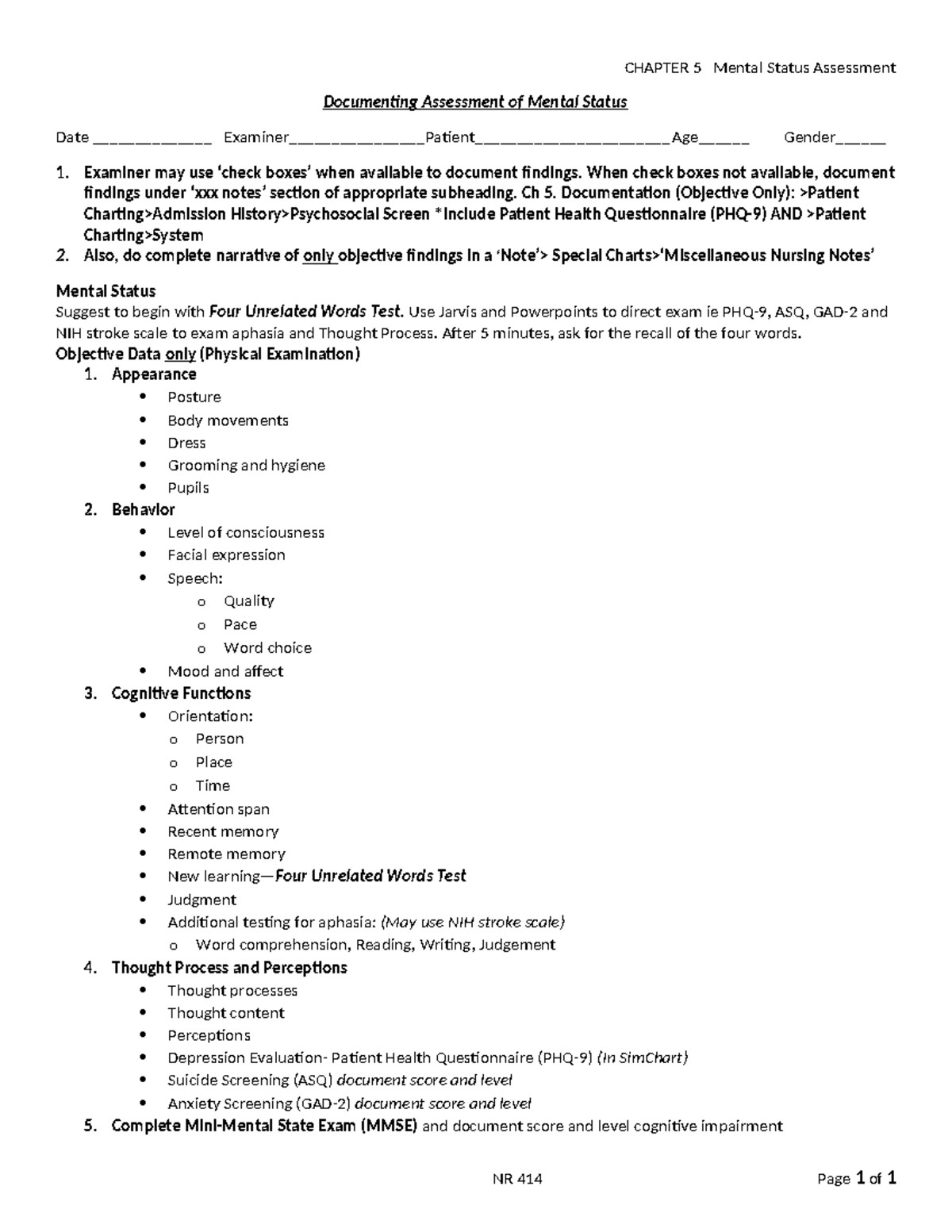 Chapter 5 Mental Status Assessment worksheet 6.2024 - CHAPTER 5 Mental ...
