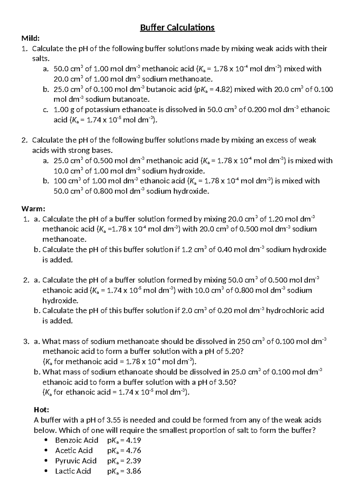 Buffer Calculations - Buffer Calculations Mild: Calculate the pH of the following buffer ...