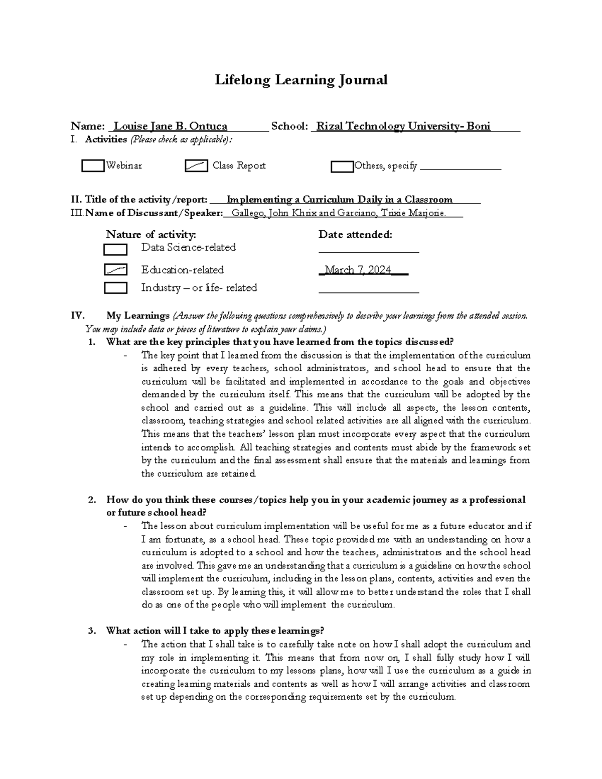 Lifelong-Learning-Journal#9 - Lifelong Learning Journal Name: Louise ...