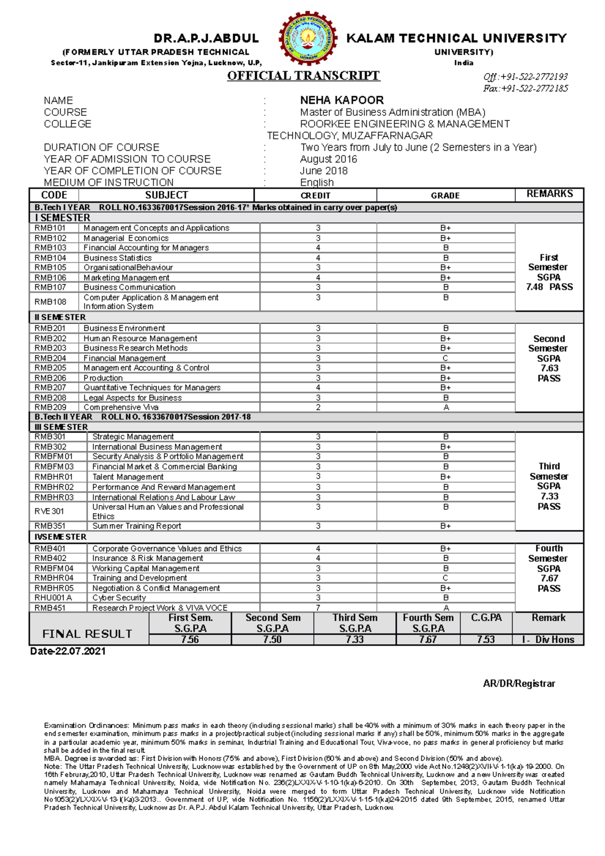 NEHA Kapoor MBA New Format - DR.A.P.J KALAM TECHNICAL UNIVERSITY ...