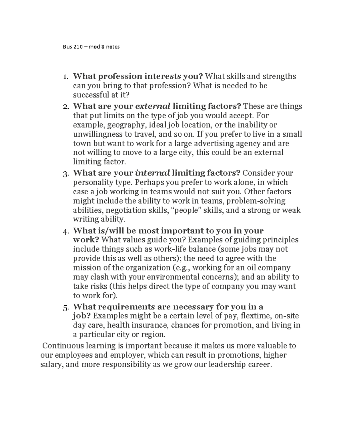 Bus 210 - Module Assignment - Bus 210 – mod 8 notes What profession ...