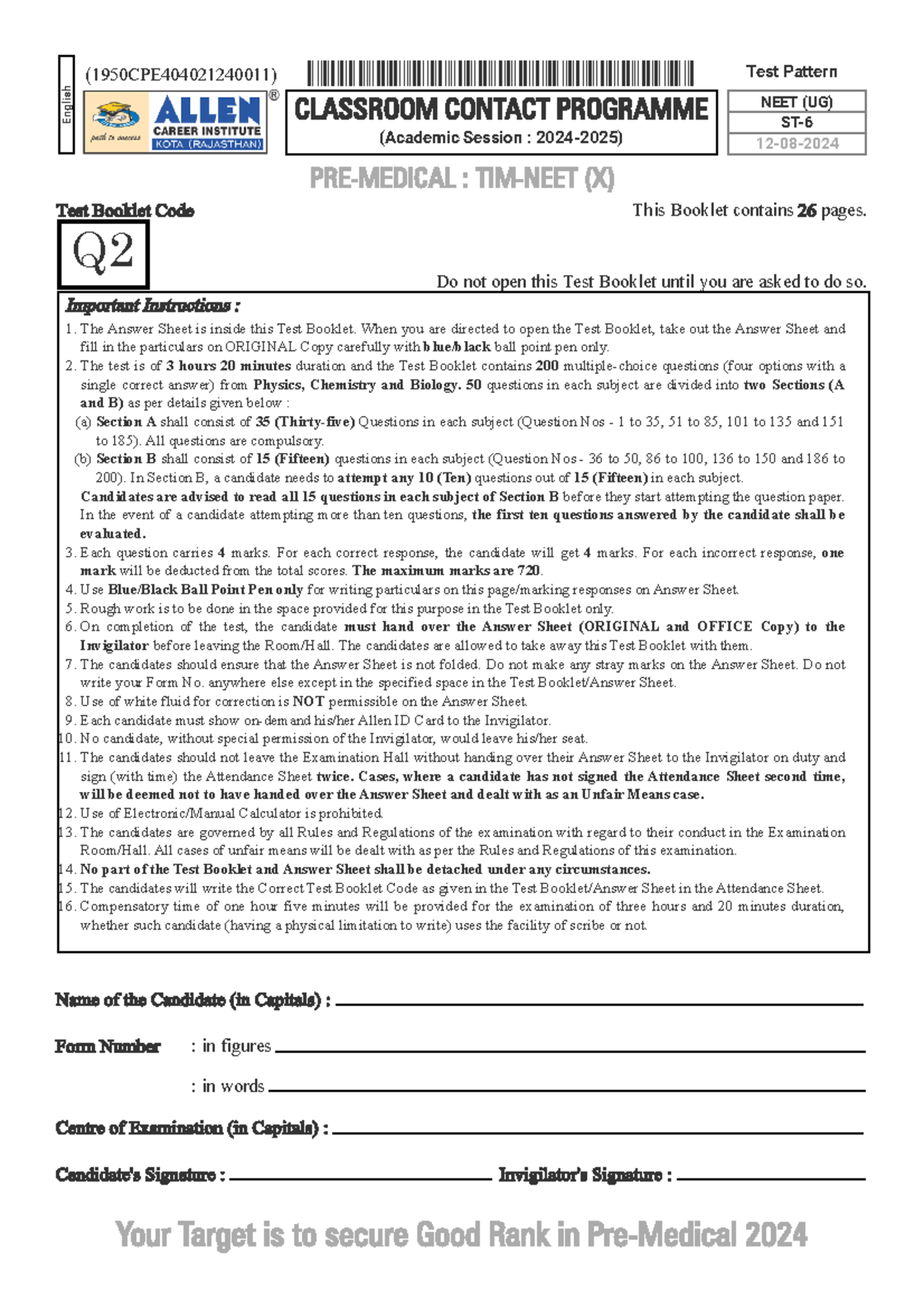 TIM-NEET Final Paper 12 - Q Test Booklet Code This Booklet contains 26 ...