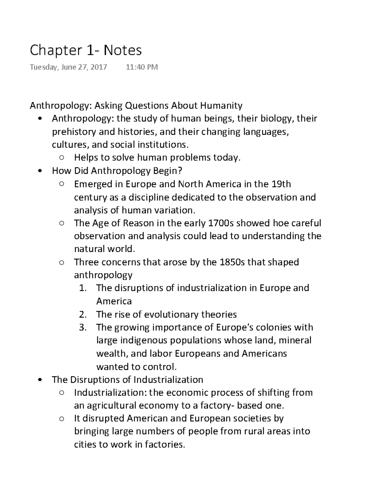 Chapter 1- Notes - Anthropology: Asking Questions About Humanity ...