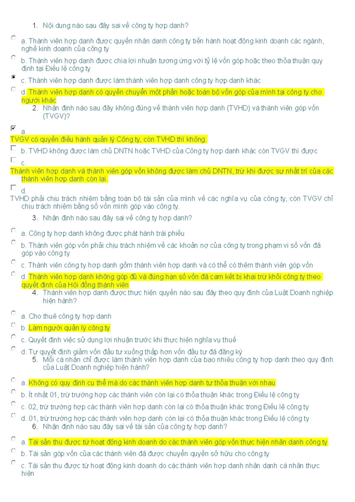 Lkd-test-3 - quiz - Nội dung nào sau đây sai về công ty hợp danh? a ...