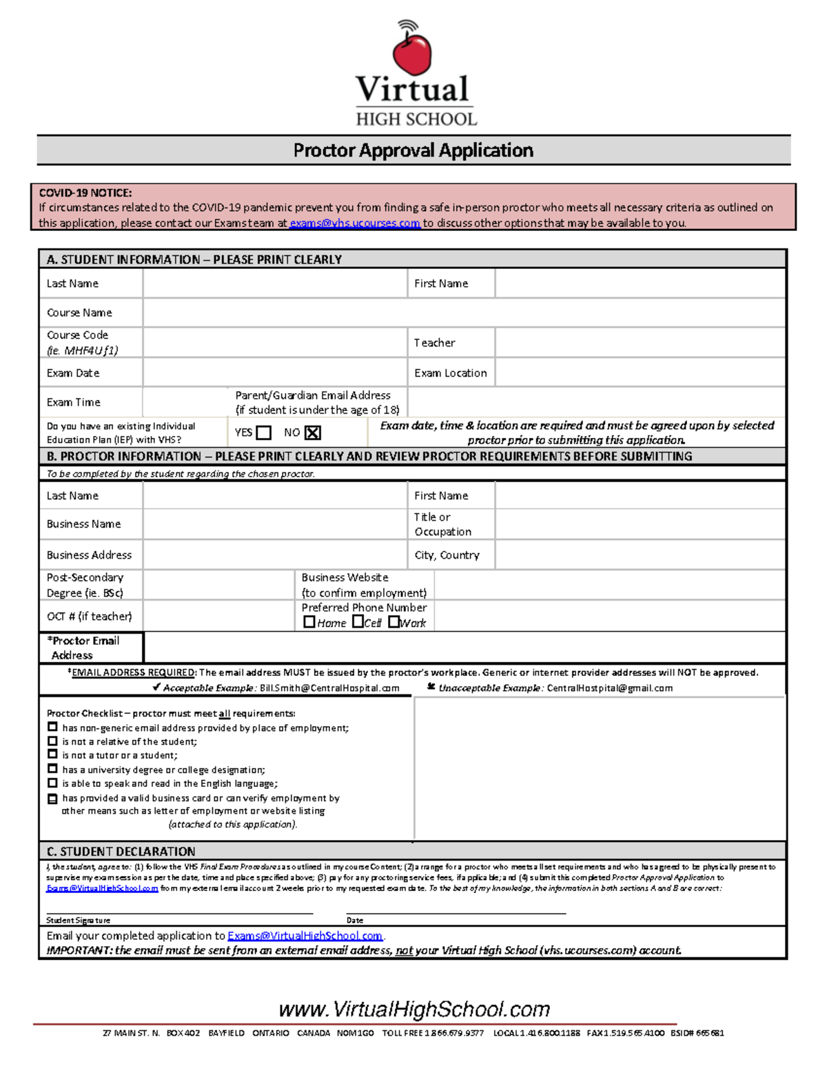 Proctor approval application - VirtualHighSchool 27 MAIN ST. N. BOX 402 ...