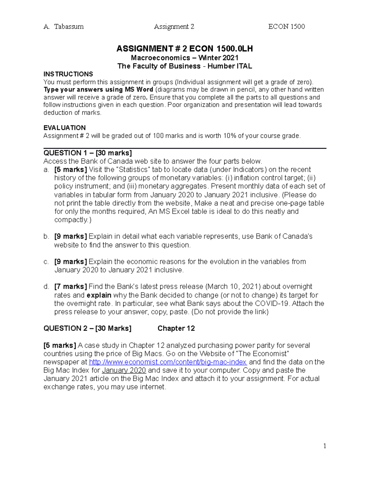 2021-Assignment 2. ECON 1500 - A 2ECON 1500 ASSIGNMENT # 2 ECON 1500 ...