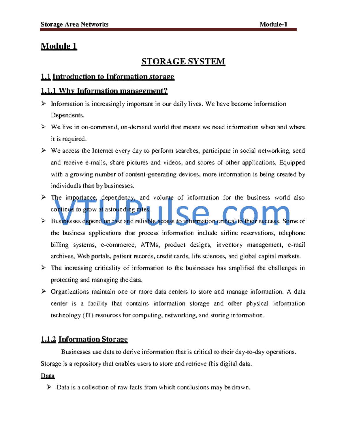 SAN module 1 - Useful - VTUPulse Module 1 STORAGE SYSTEM 1 Introduction ...