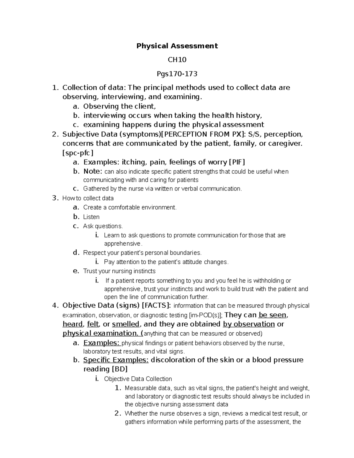 Physical Assessment Ch - Physical Assessment CH Pgs170- 1. Collection ...