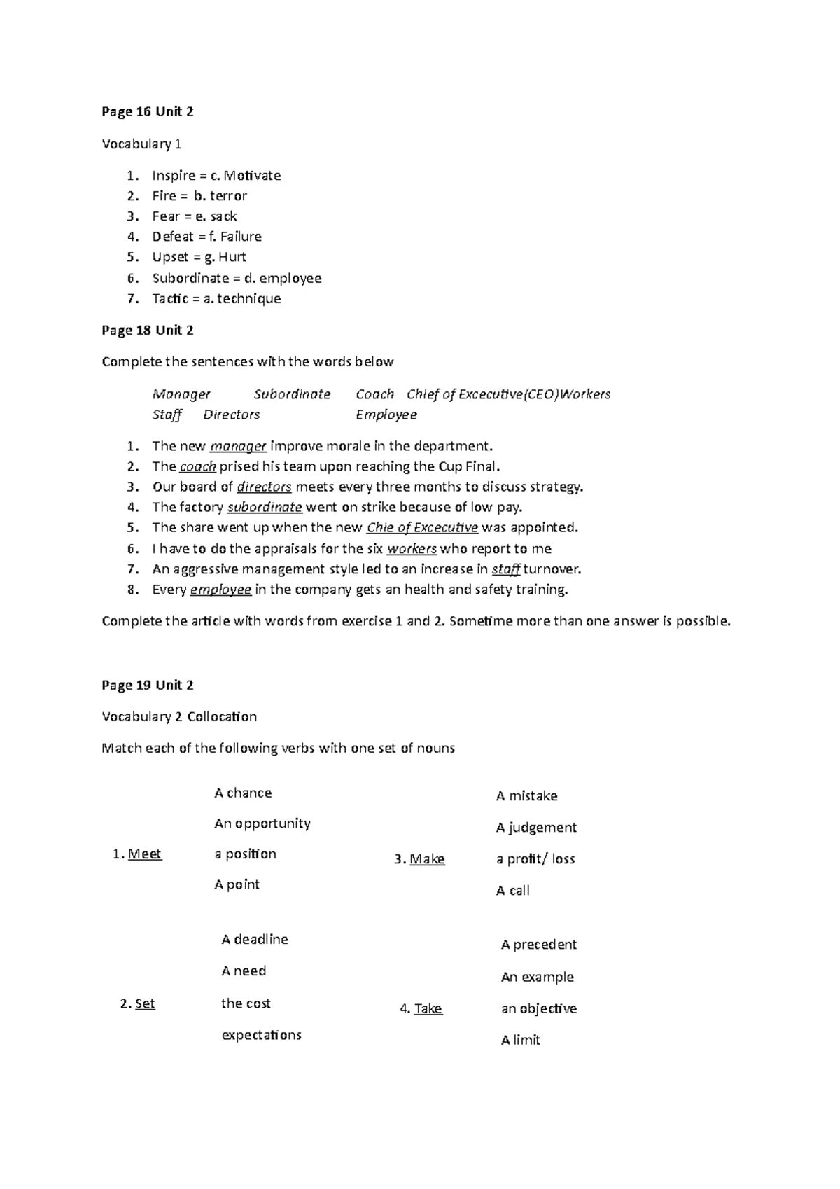 Quiz 2 English for Bussiness - Page 16 Unit 2 Vocabulary 1 Inspire = c ...