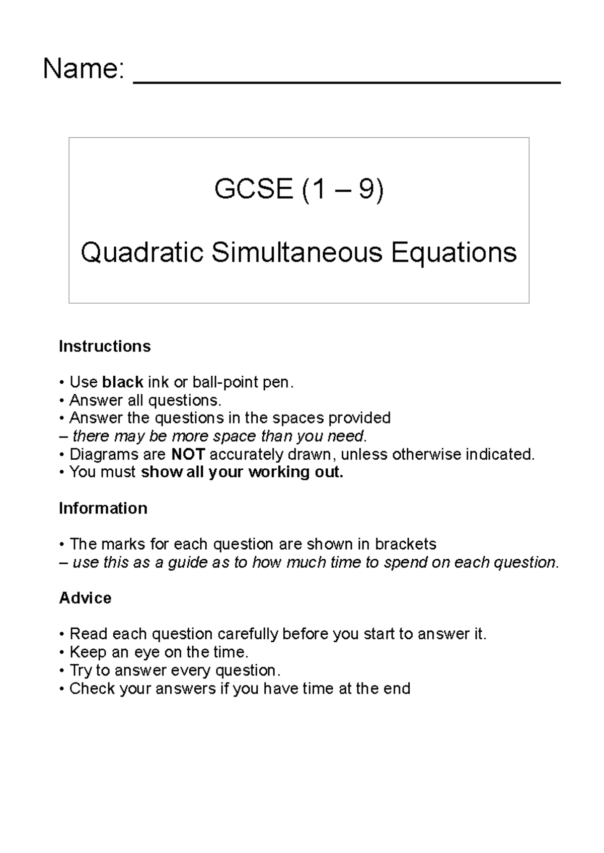 9 quadratic simultaneous equations - GCSE (1 – 9) Quadratic ...