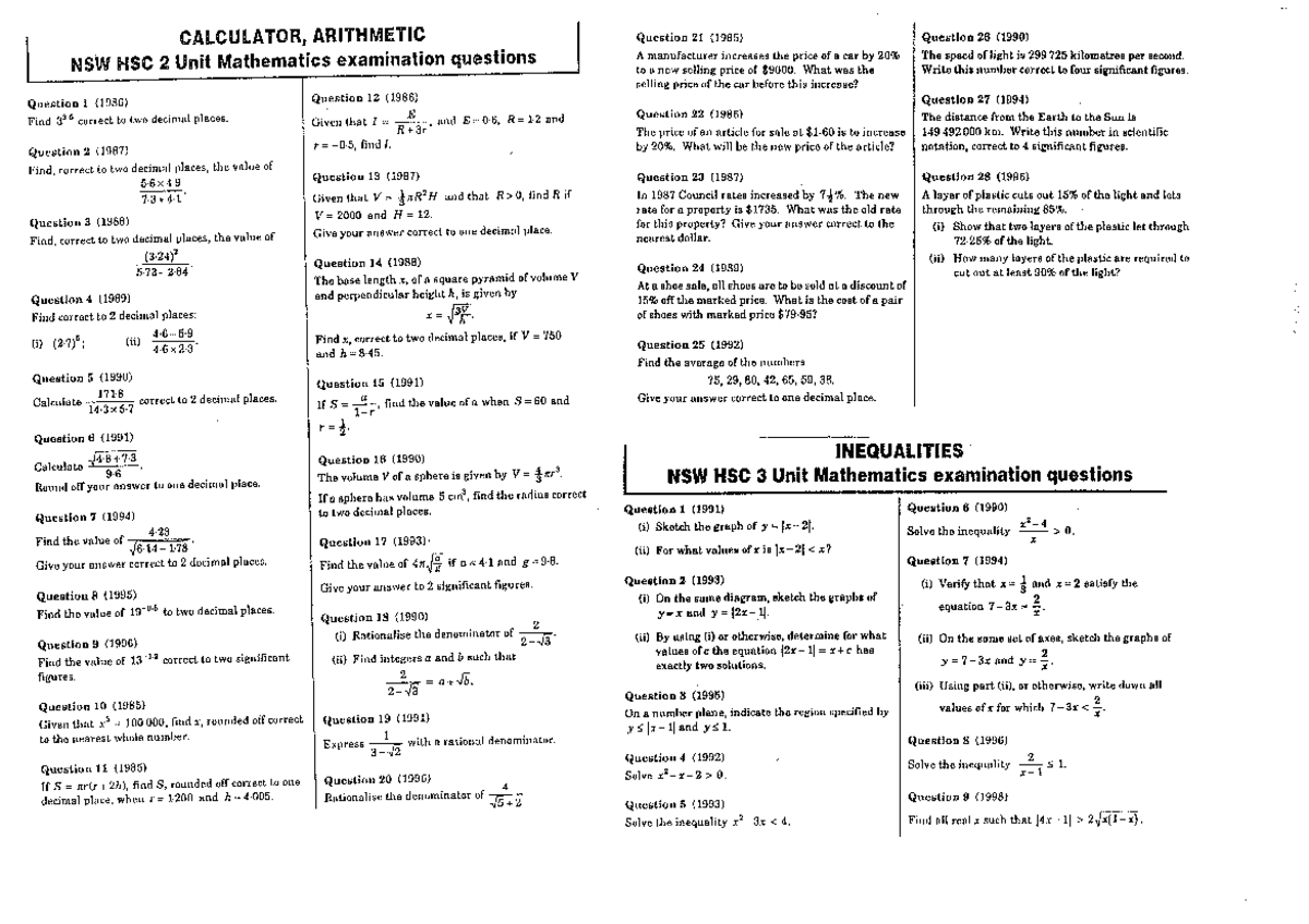 HSC Questions - Ext. 1 Mathematics (and 2 Unit) - Basic Arithmetic and ...