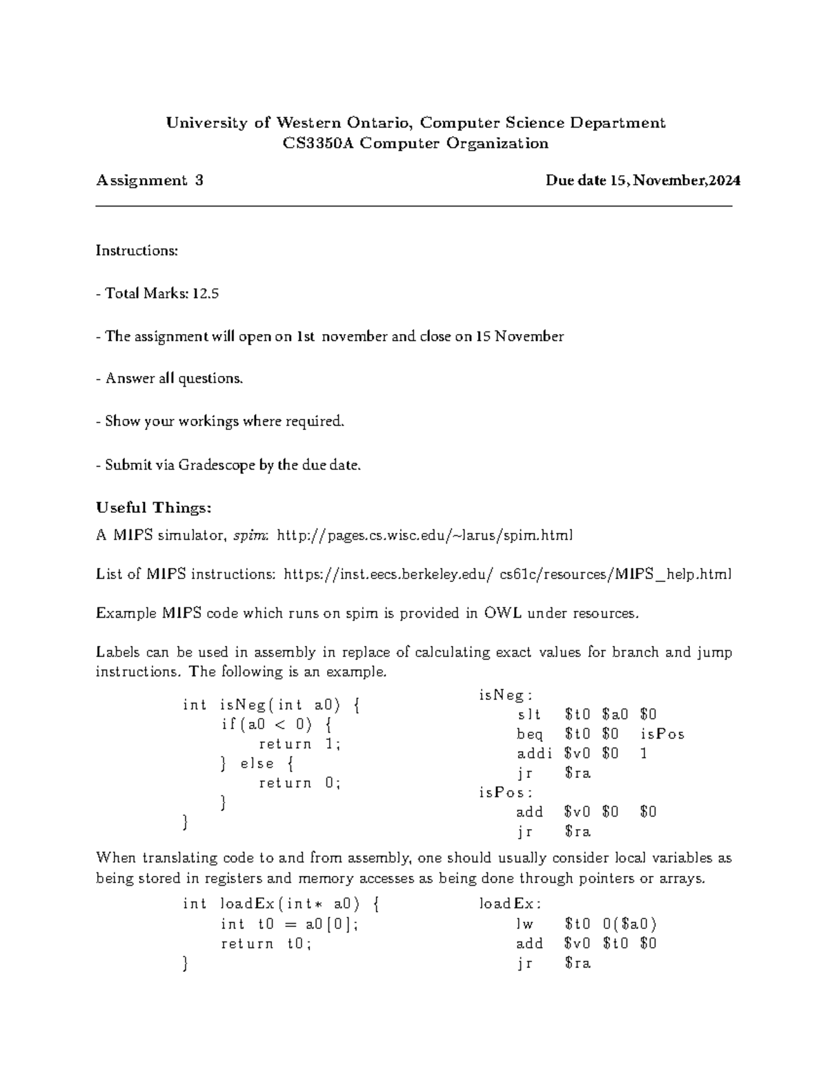 3350assign 3 - assign3 - University of Western Ontario, Computer ...