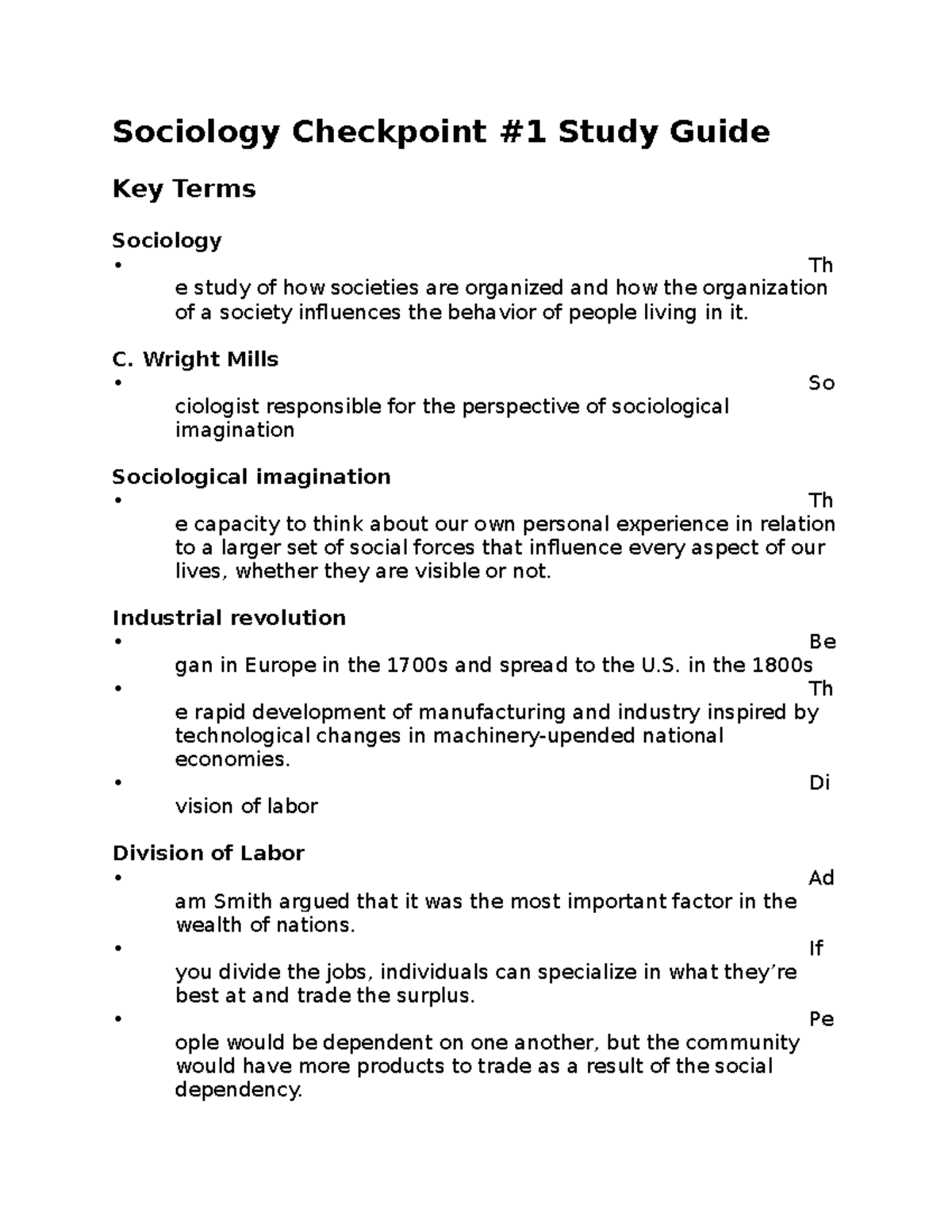 Sociology Checkpoint #1 Study Guide - C. Wright Mills So ciologist ...