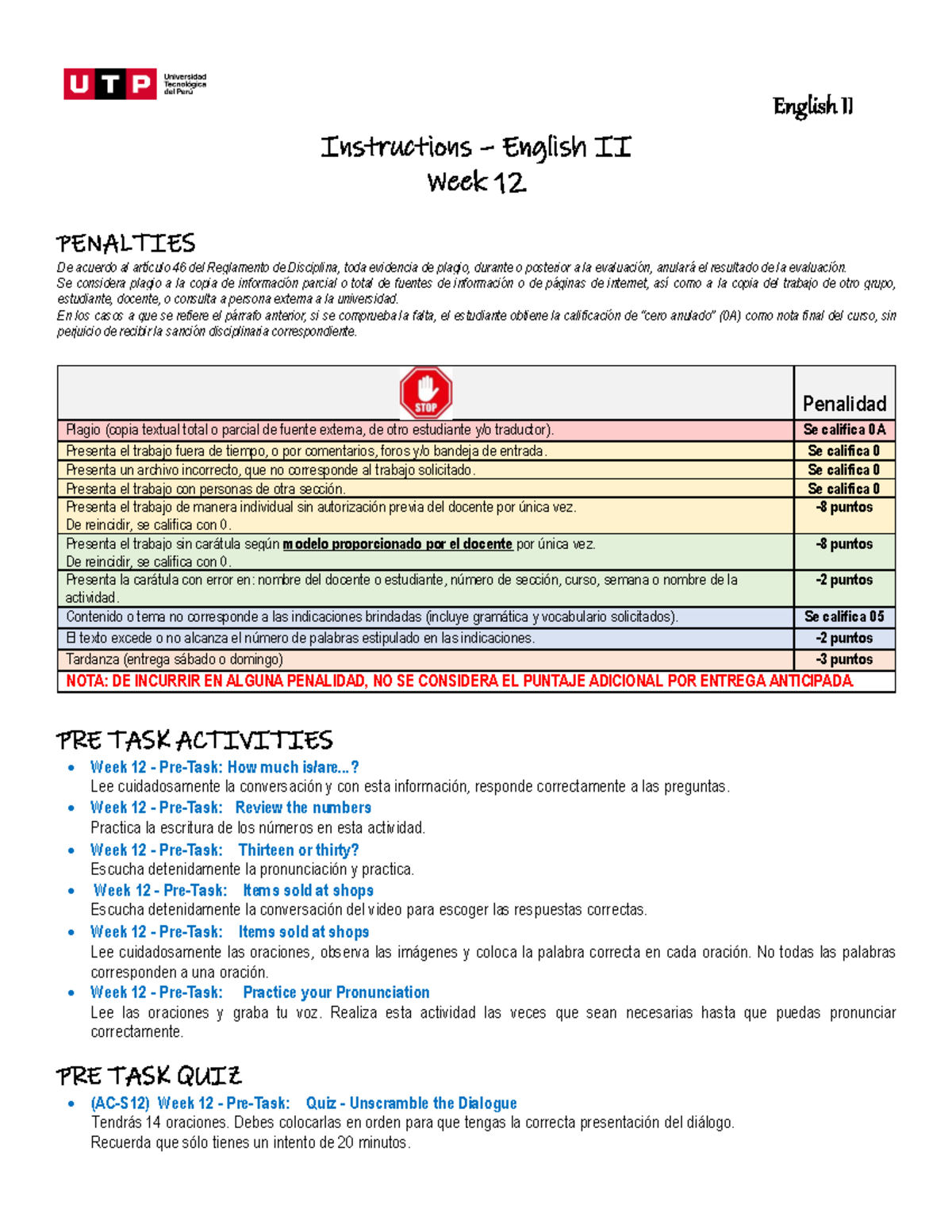 Week 12 - Indicaciones en Español - Inglés 2 - English II Instructions – English II Week 12 ...