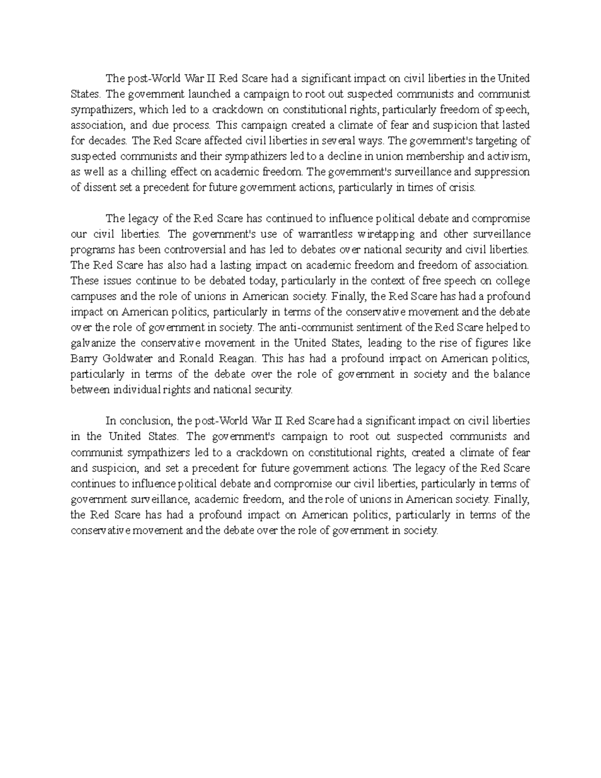 HIS 1111 - Unit 5 Reflection - The post-World War II Red Scare had a significant impact on civil ...