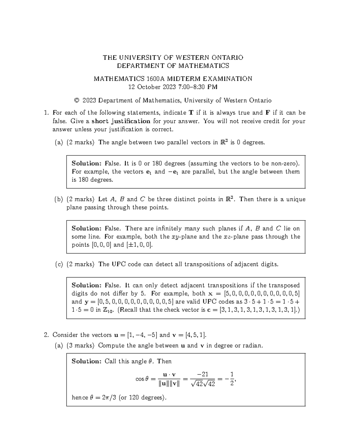 Midterm 1 solutions - THE UNIVERSITY OF WESTERN ONTARIO DEPARTMENT OF MATHEMATICS MATHEMATICS ...