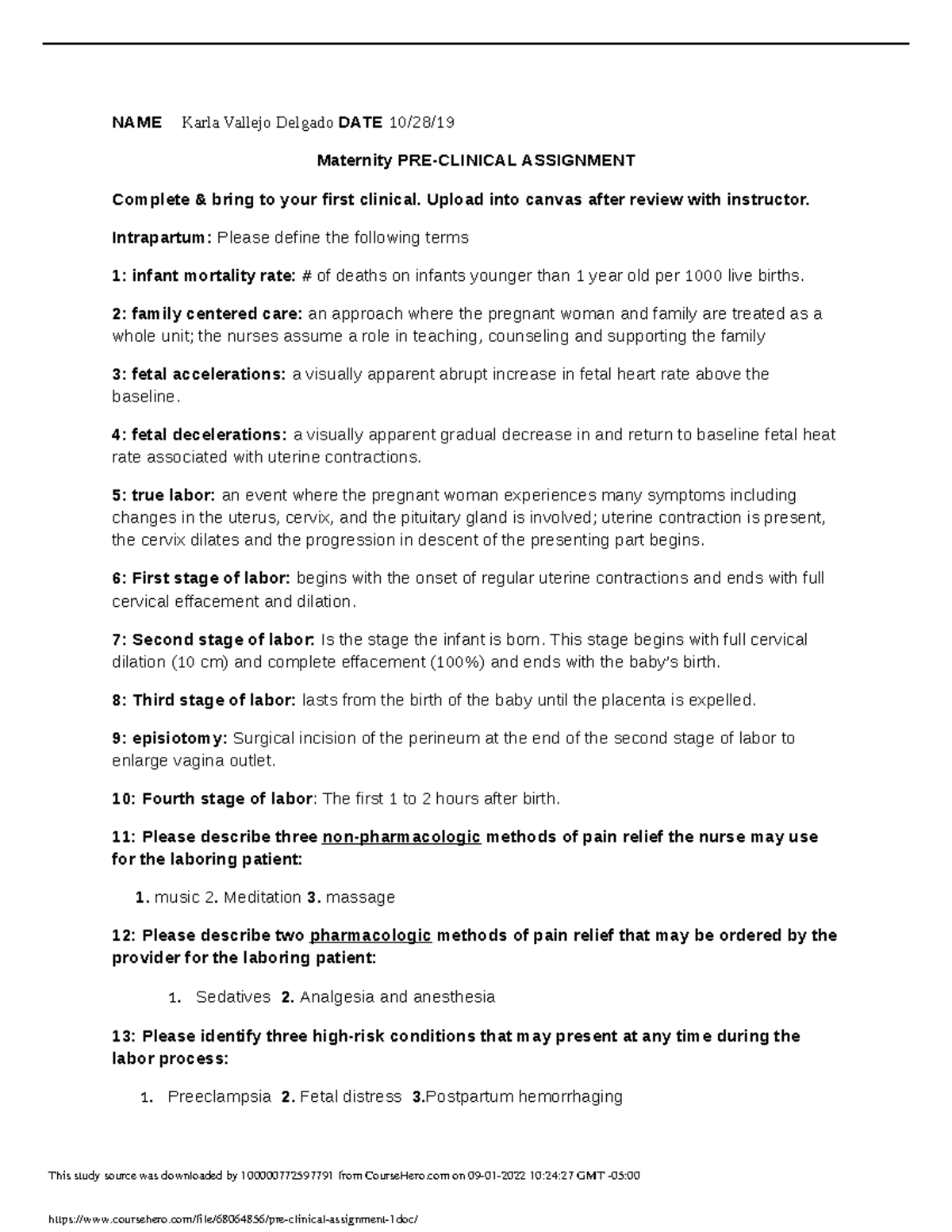 Pre clinical assignment 1 - NAME Karla Vallejo Delgado DATE 10/28 ...