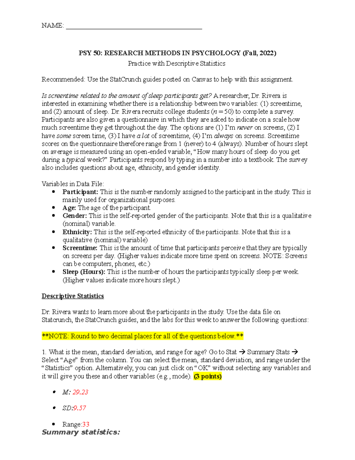 PSY 50 - Lab - Descriptive Statistics lab report - NAME ...