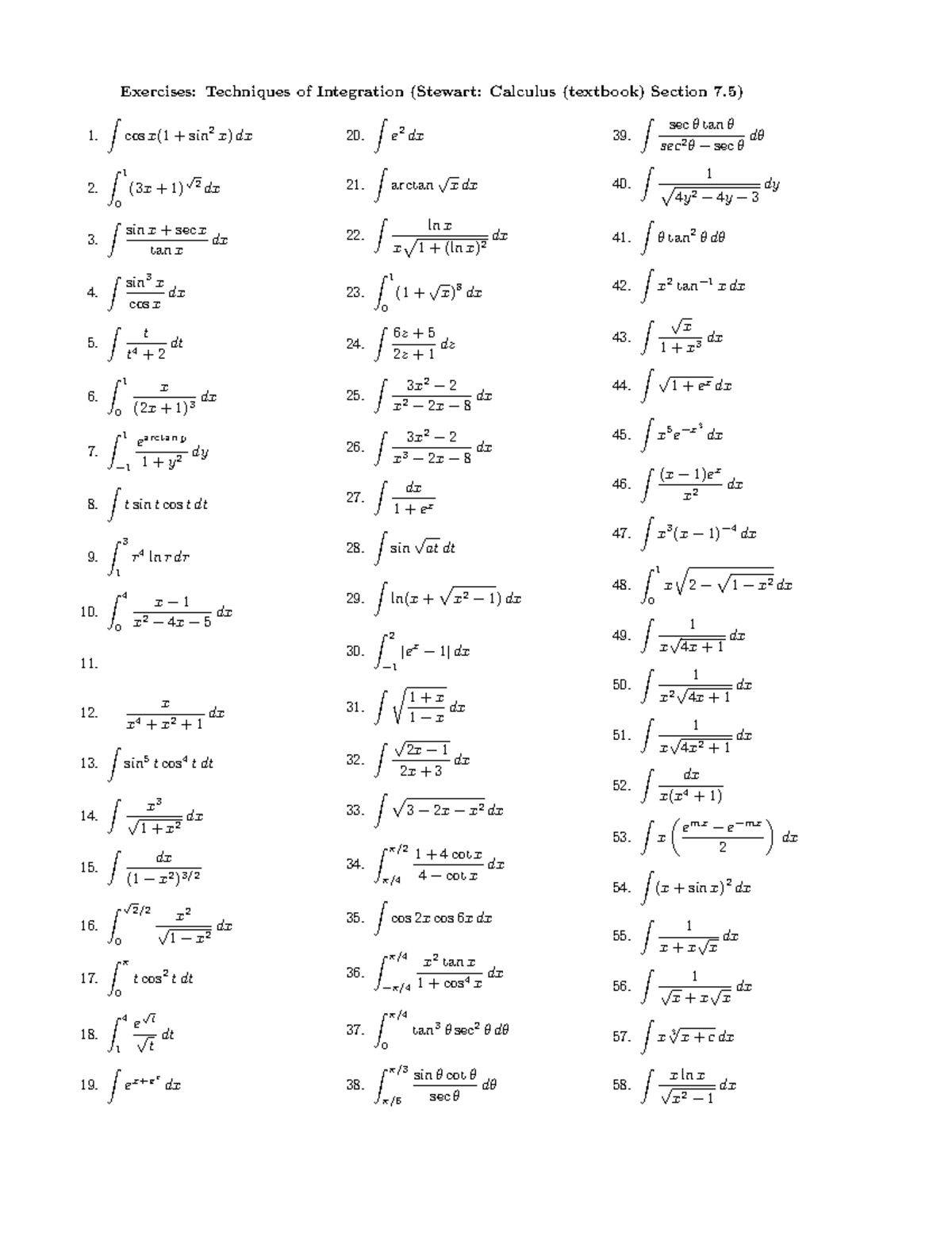 Extra Integral Exercises from Textbook 7th Edition - Exercises ...