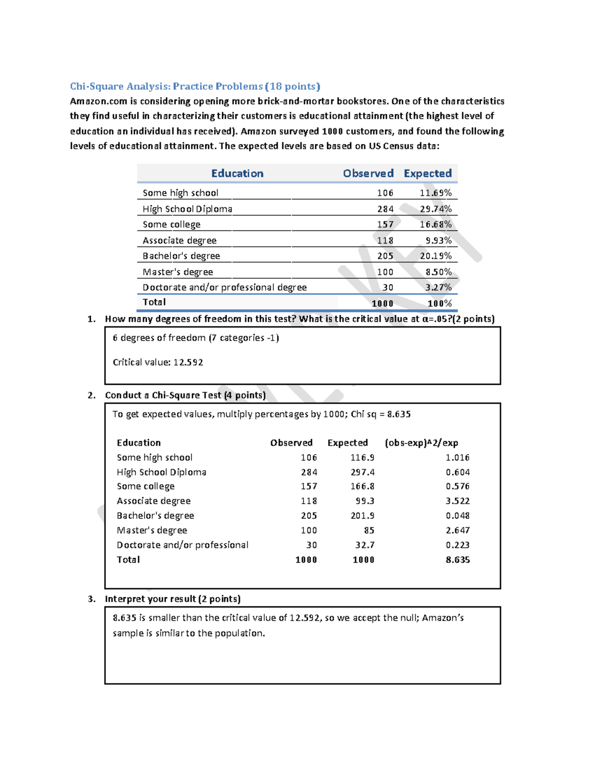 Chi Square Practice Answer Key - Analysis: Practice Problems (18 points ...