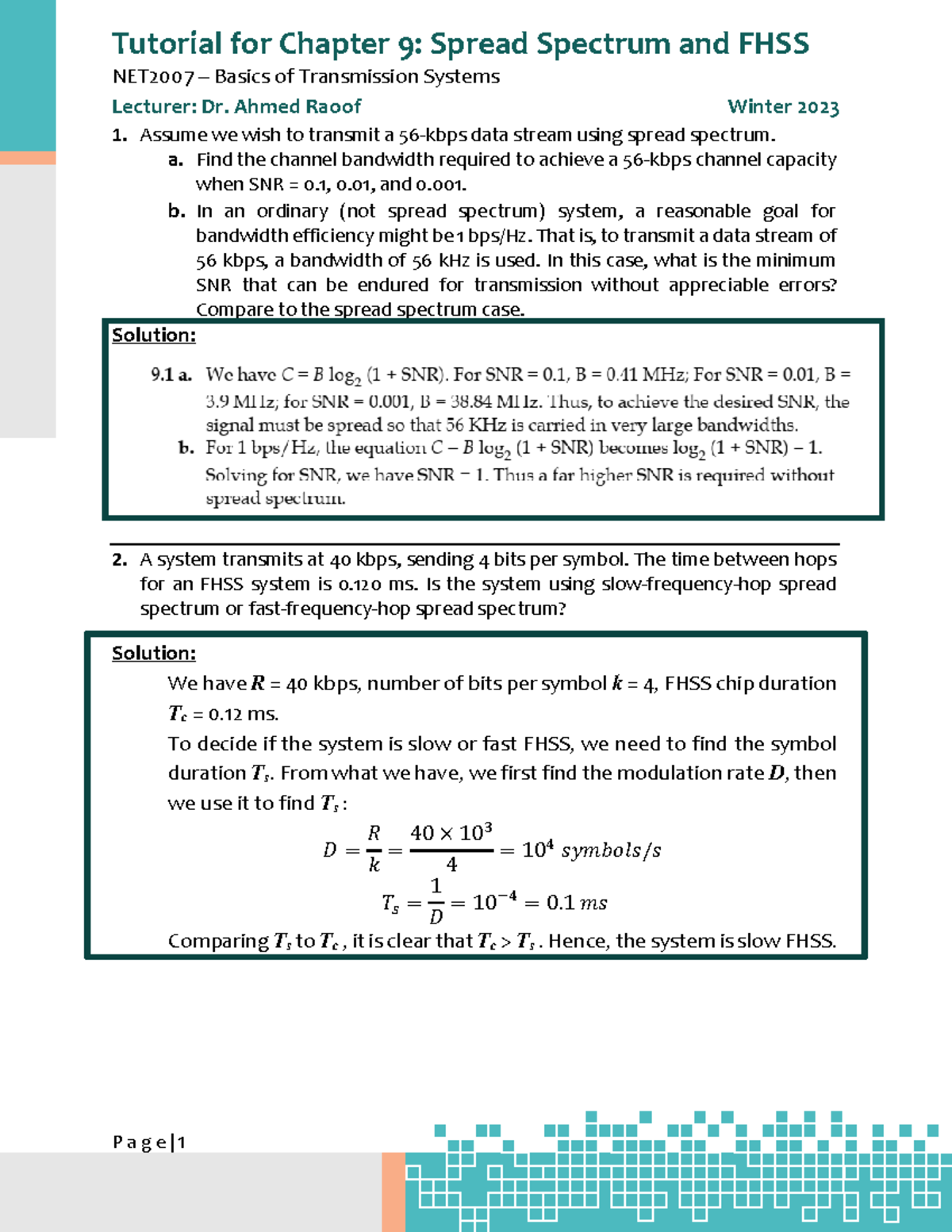 Ch9-Tutorial-with Solutions - Tutorial for Chapter 9: Spread Spectrum ...