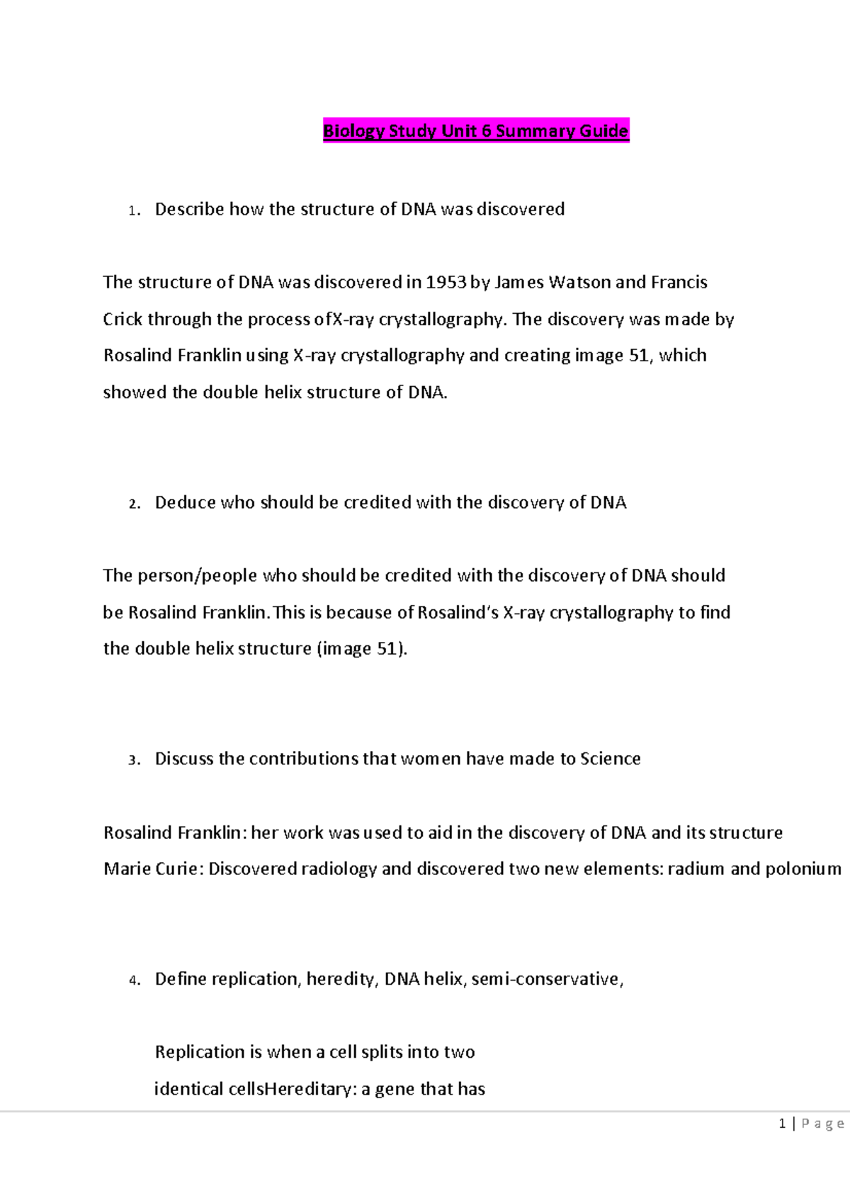 Biology Study Unit 6 Summary Guide - The discovery was made by Rosalind ...