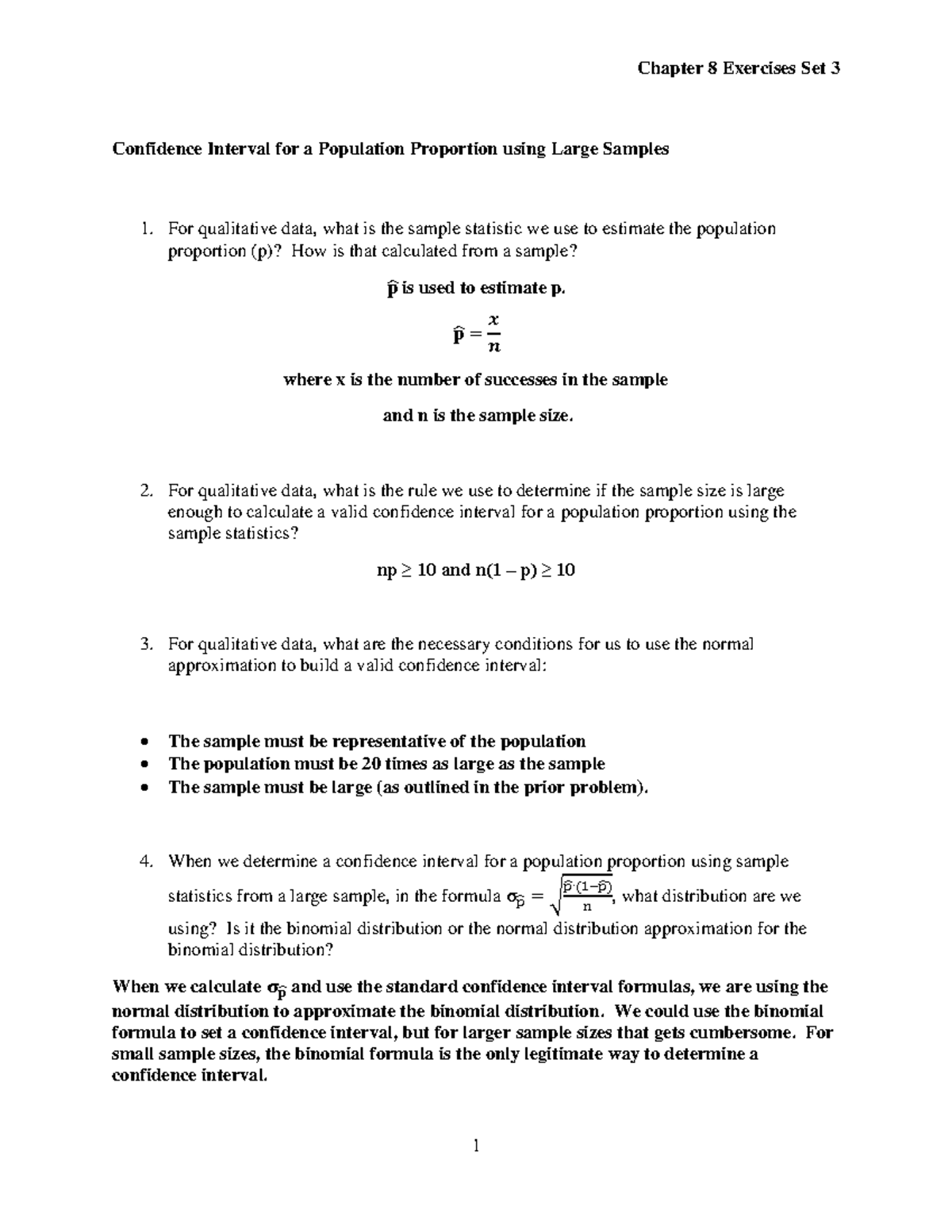 8 Exercises Set 3 Answers - Chapter 8 Exercises Set 3 1 Confidence Interval for a Population ...