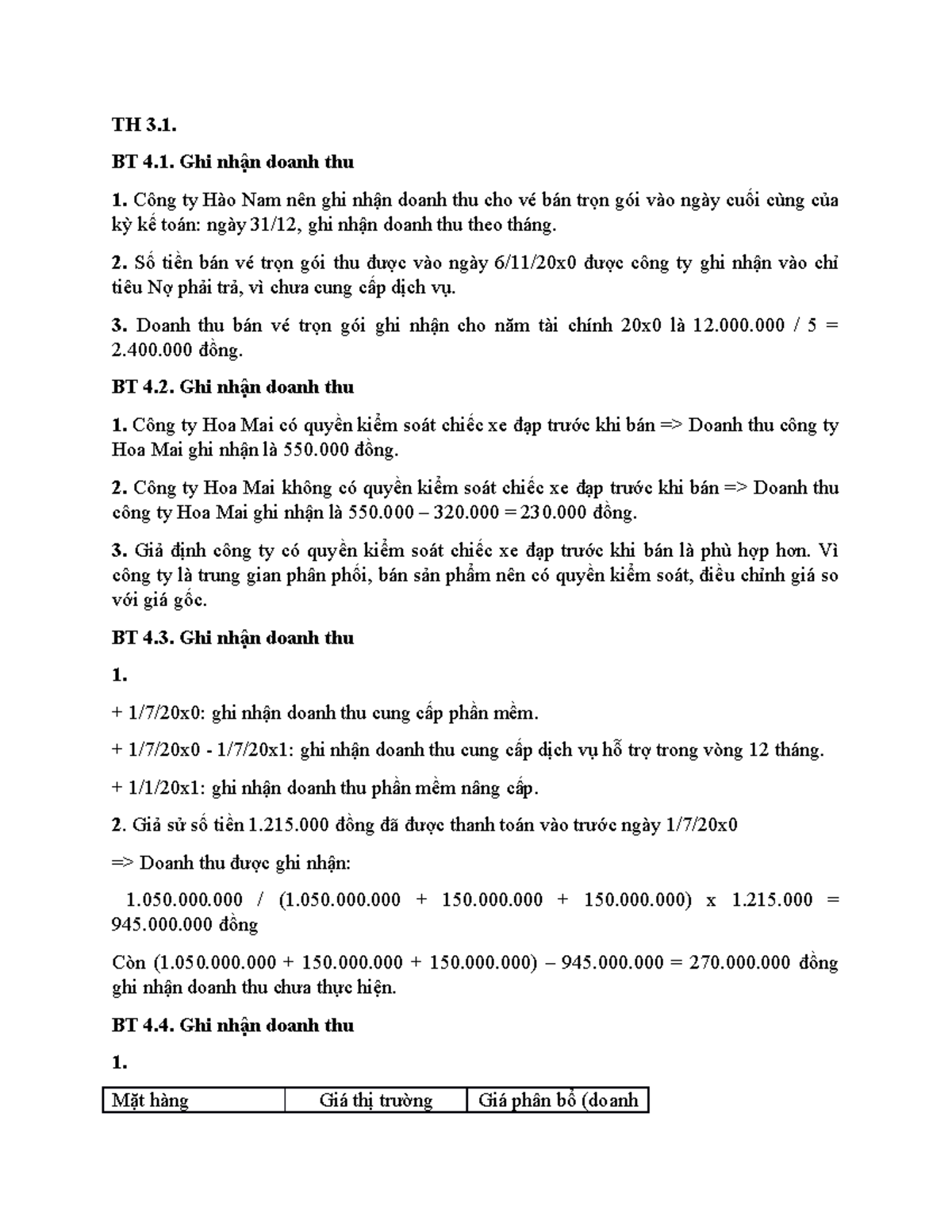Bài tập kttc chương 4 - kttc c4 - TH 3. BT 4. Ghi nhận doanh thu Công ty Hào Nam nên ghi nhận ...
