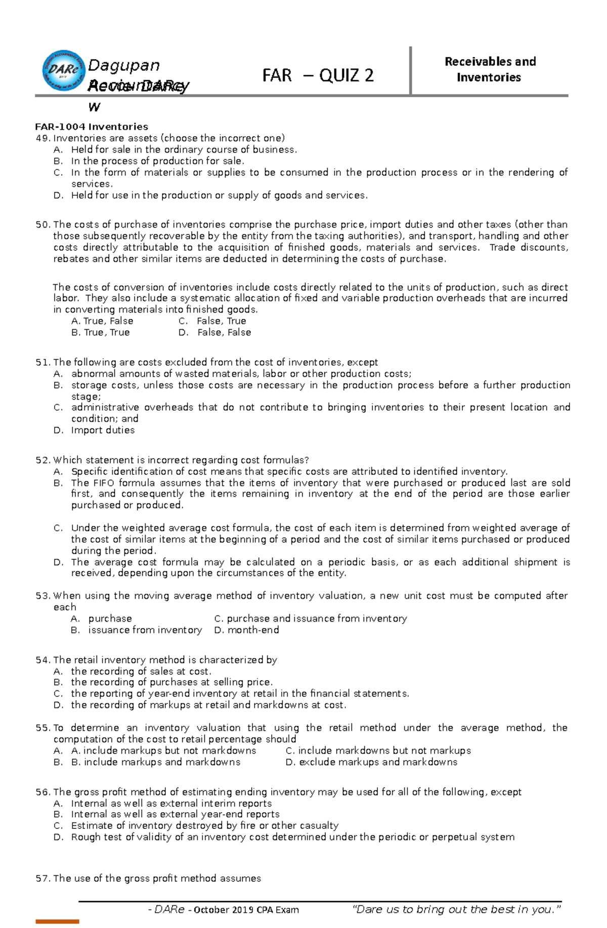 Inve quiz - quiz in inventory no answers - FAR-1004 Inventories 49 ...