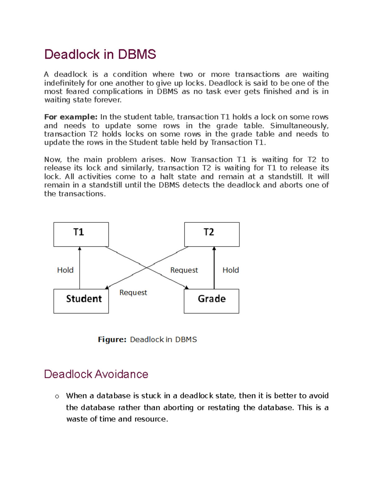 Deadlock in DBMS - Deadlock is said to be one of the most feared complications in DBMS as no ...