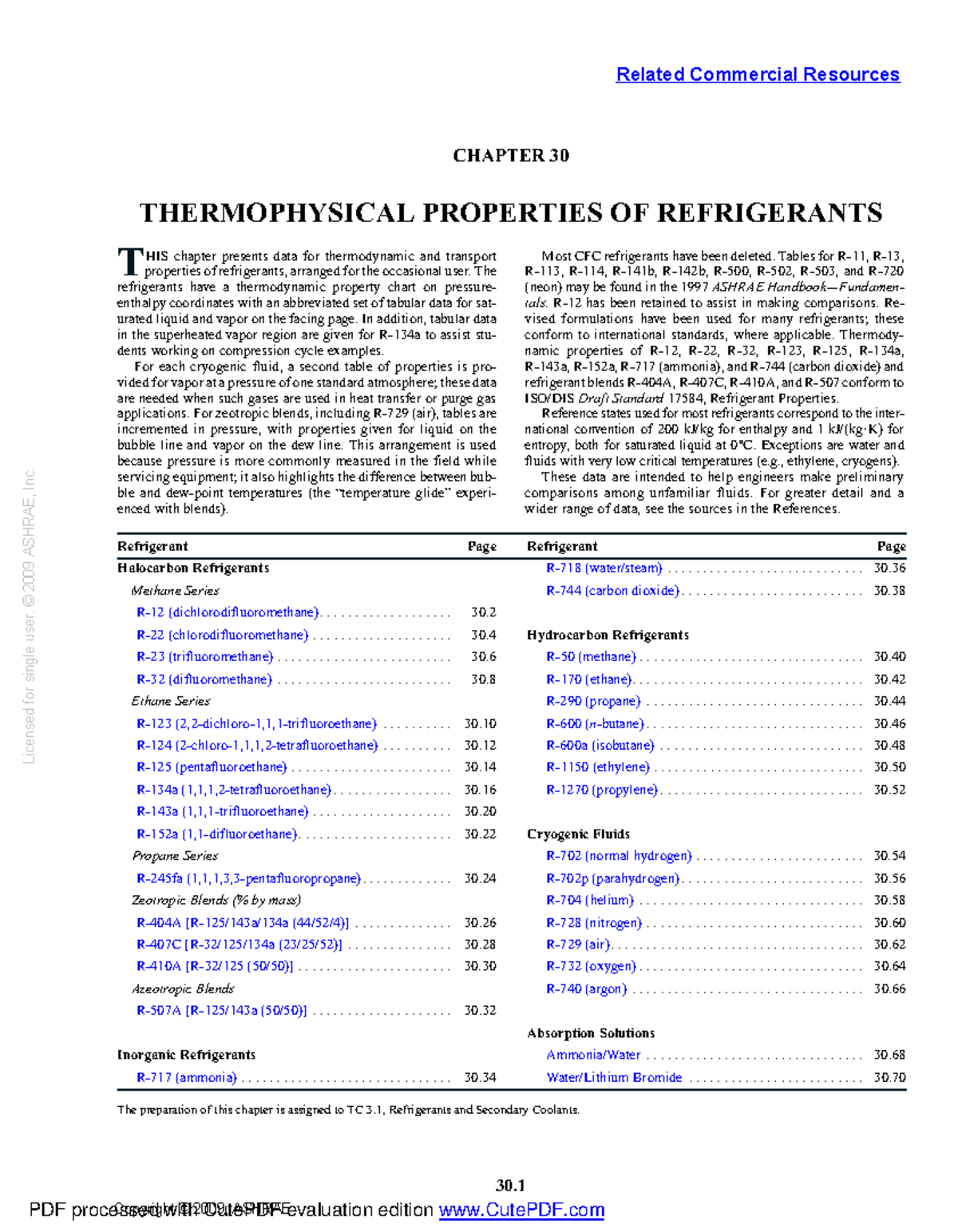 Thermophysical Tables Refrigerant - 30. CHAPTER 30 THERMOPHYSICAL ...