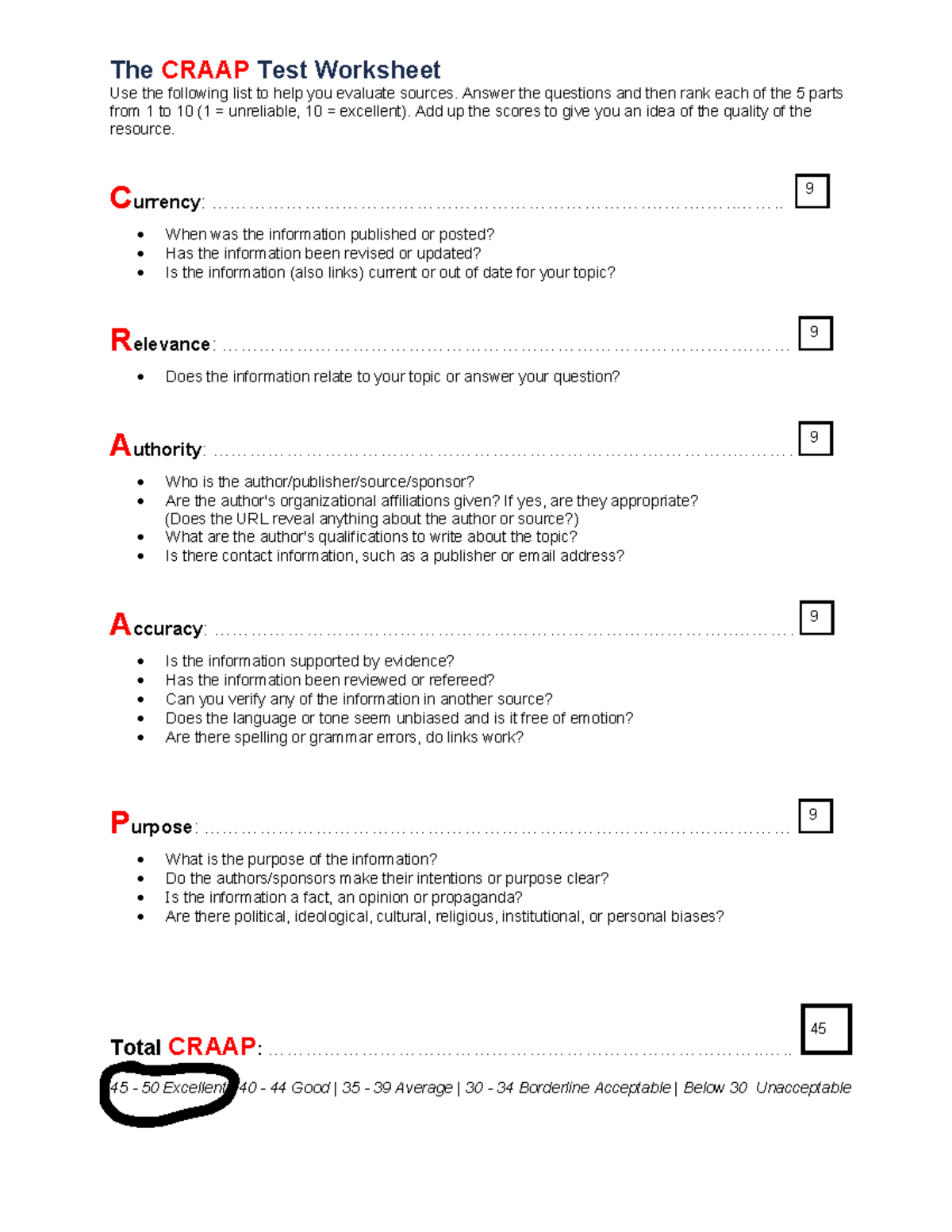 Craap Chart (dragged) - Bunin - The CRAAP Test Worksheet Use the ...