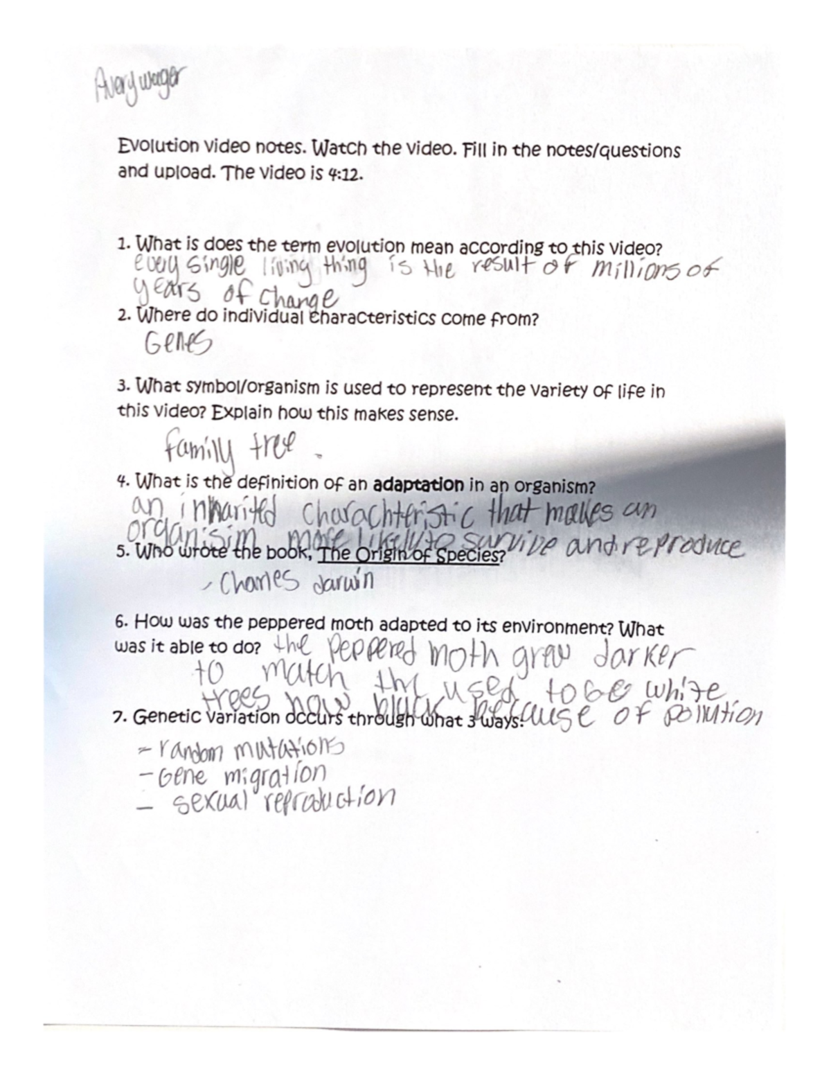 Evolution Video notes. Watch the video. Fill in - Studocu