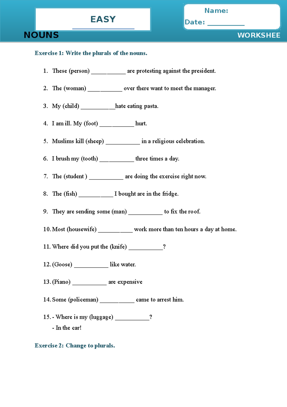 Nouns- Worksheet 1 - sadfasdf - Exercise 1: Write the plurals of the ...