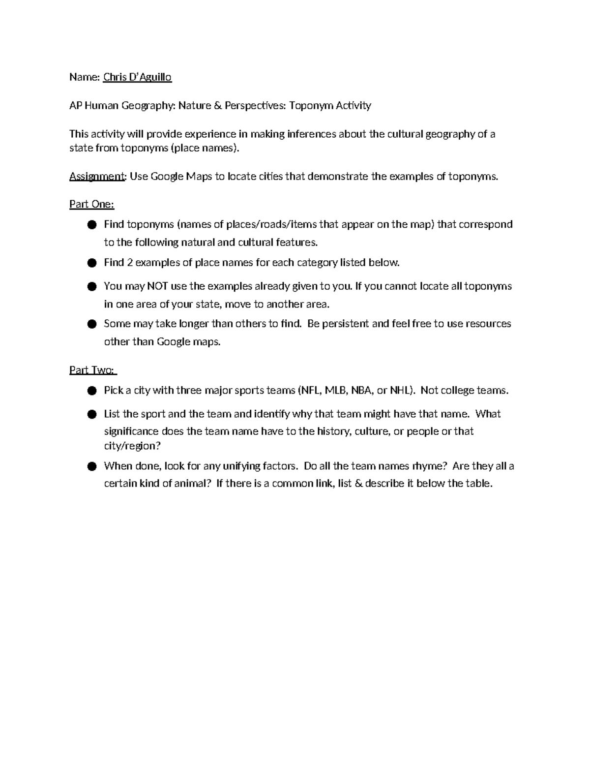 D'Aguillo - Toponym Activity - Name: Chris D’Aguillo AP Human Geography ...