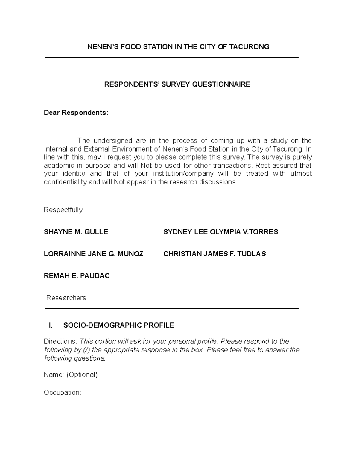 Respondent' Questionnaire for a Practice Material - NENEN’S FOOD ...