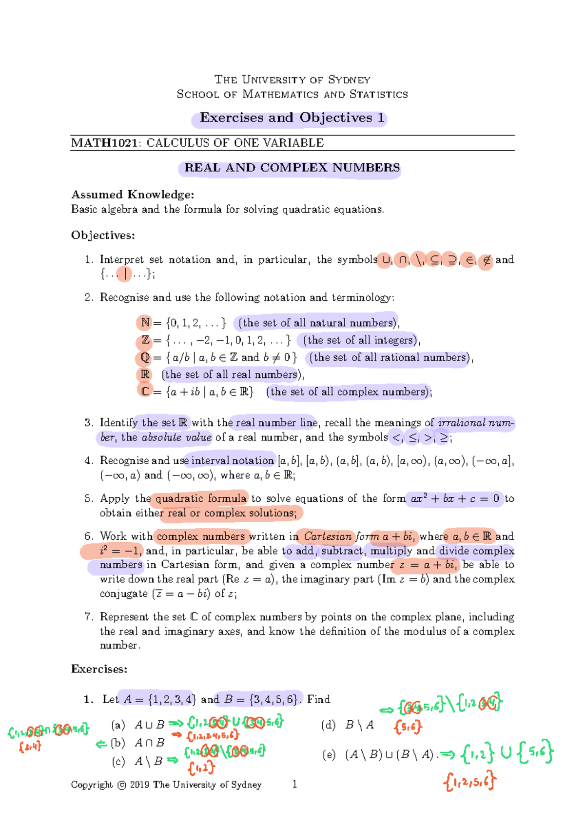 Exercises 1 - MATH1021 exercise 1 answers - The University of Sydney ...