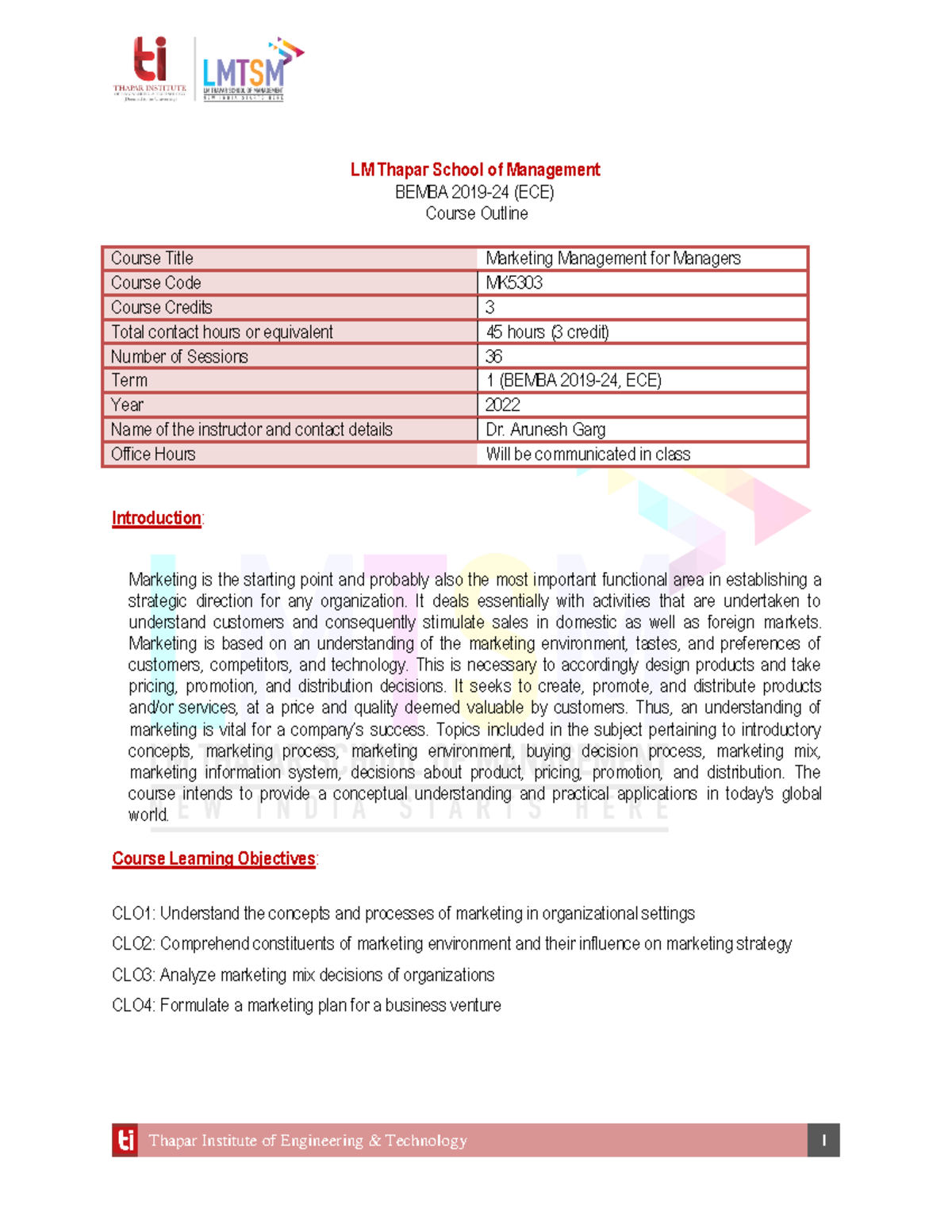 Course Outline - hella - LM Thapar School of Management BEMBA 2019-24 ...