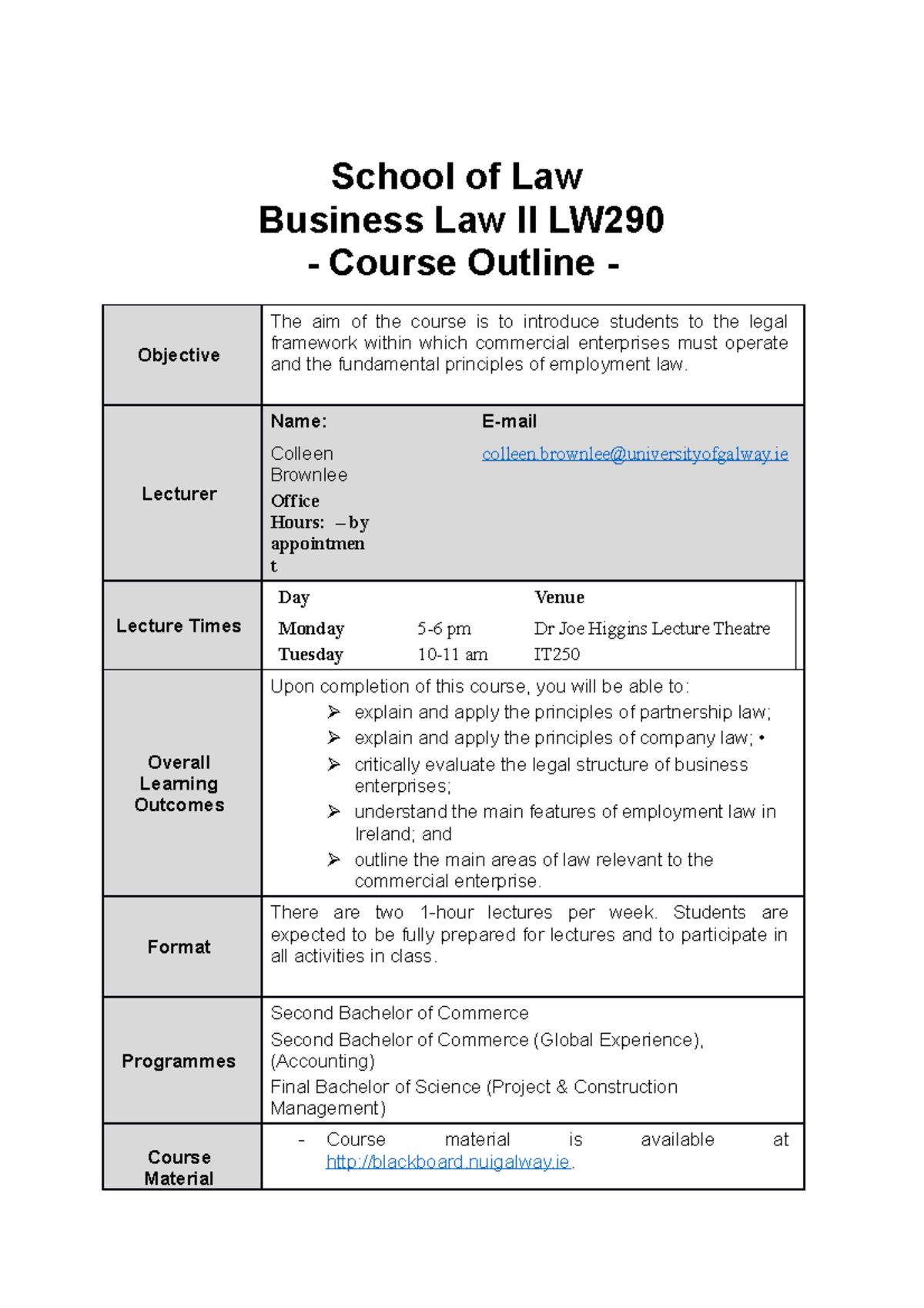 Business Law II Course Outline 2022-2023 - School of Law Business Law ...